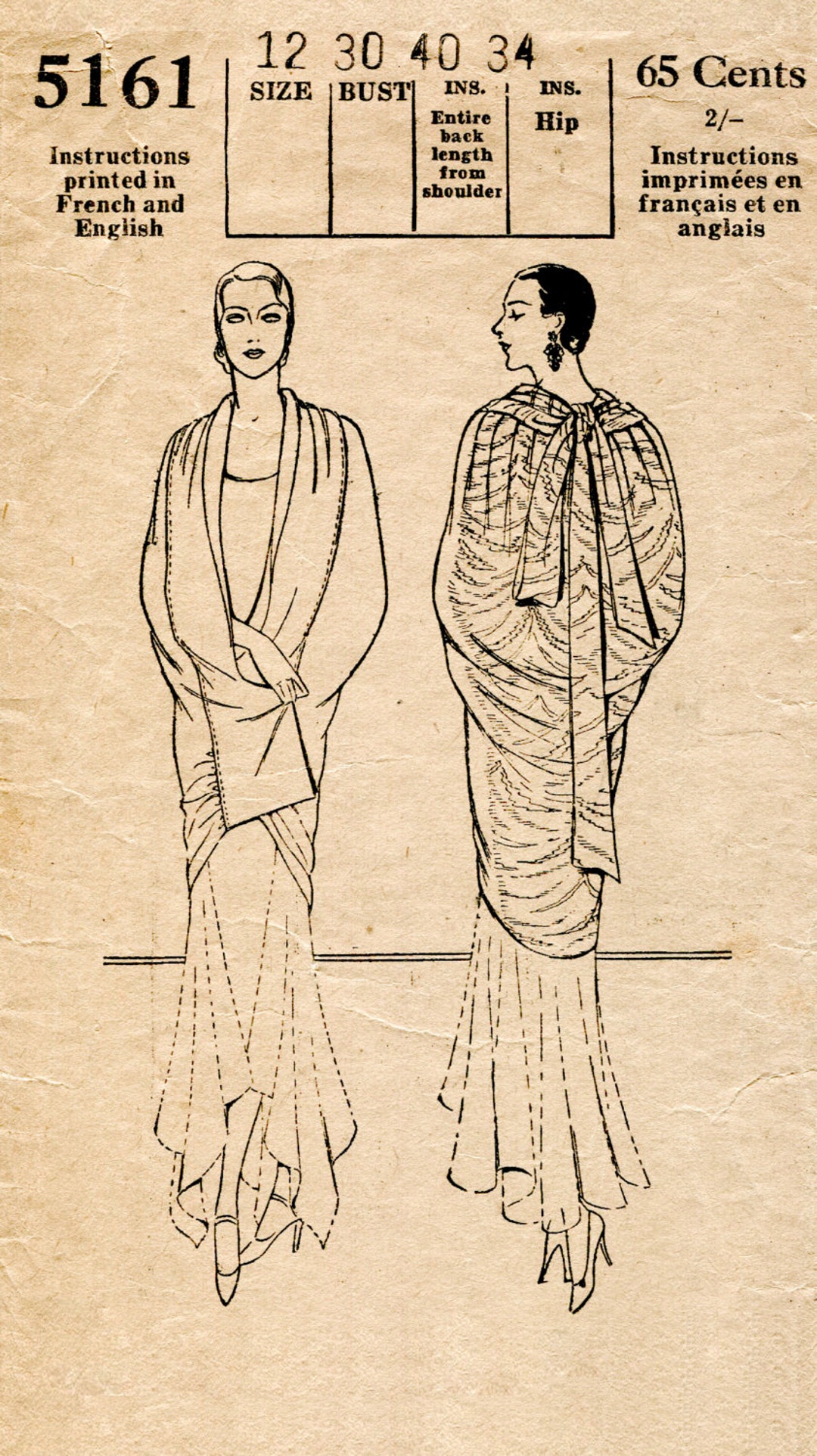 Vintage Sewing Pattern 1920s 20s Cocoon Cape Shawl Wrap Flapper Evening ...