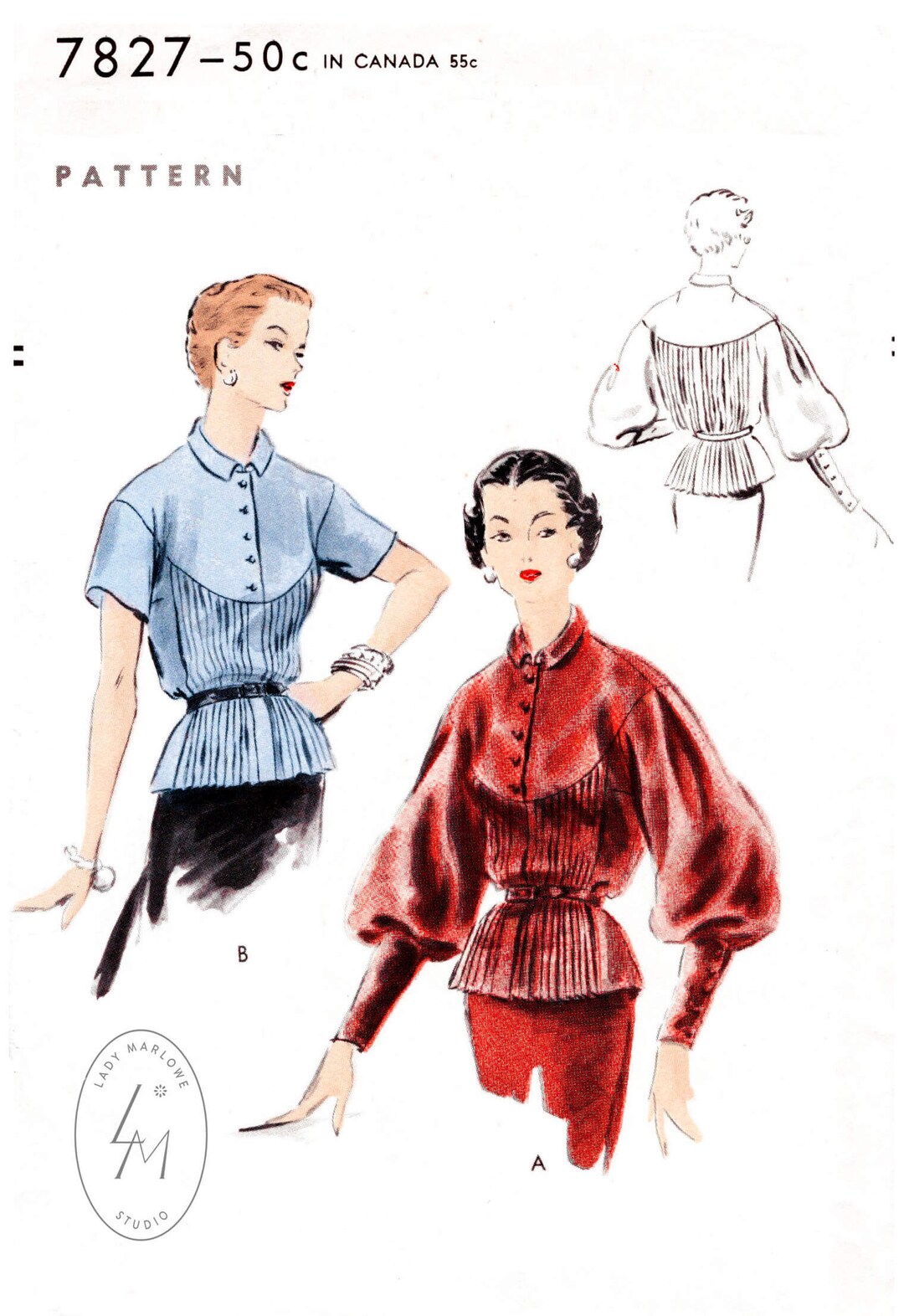 Vintage Sewing Pattern 1950s 50s Pleated Blouse Pattern Reproduction ...