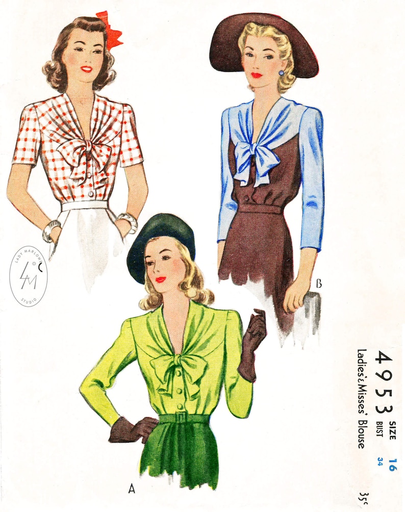 1940 Vintage Sewing Pattern 1940s 40s Blouse 3 Styles Bow Collar Bust ...
