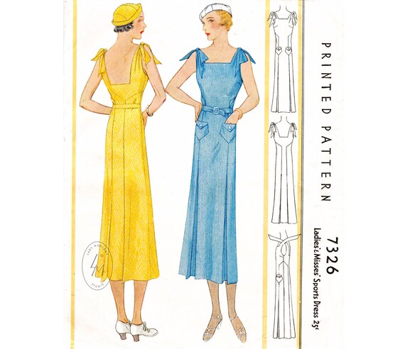 1930s 30s sun dress vintage sewing pattern reproduction / tie | Etsy