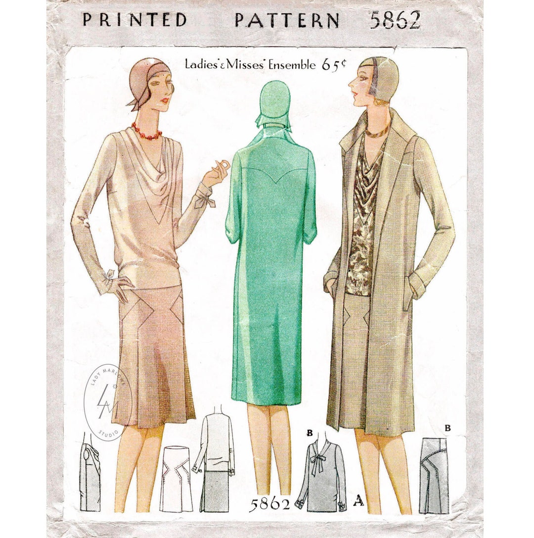 1920s Vintage Sewing Pattern 3 Piece Set / Coat Jacket / Cowl Neck ...