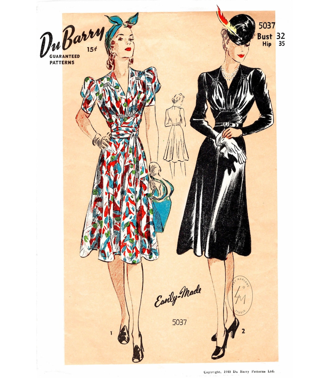1940 1940s Vintage Sewing Pattern Day or Afternoon Dress in 2 Styles ...
