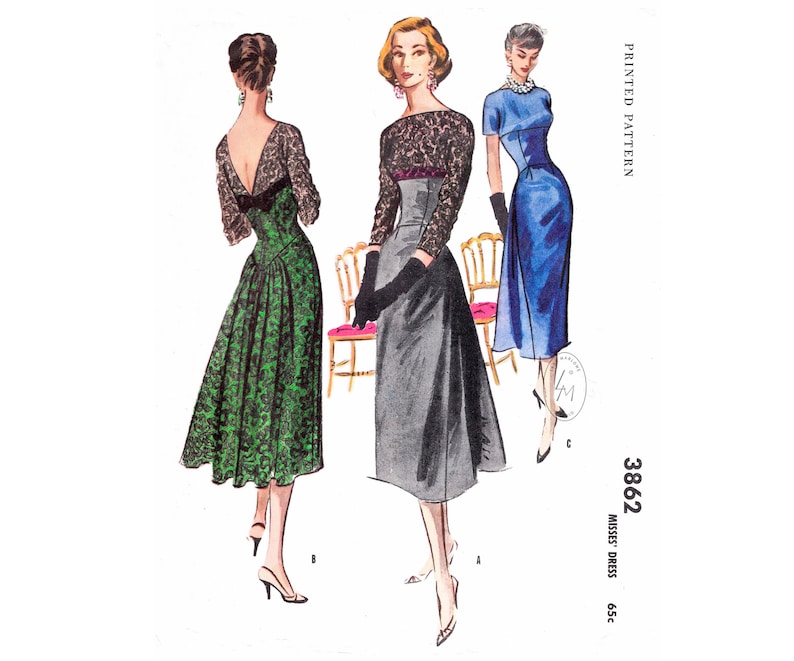 Vintage Sewing Pattern 1950s 50s Lace Cocktail Dress Reproduction ...