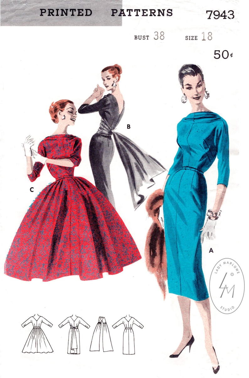 Vintage Sewing Pattern 1950s Evening Cocktail Dress Wiggle Dress or ...