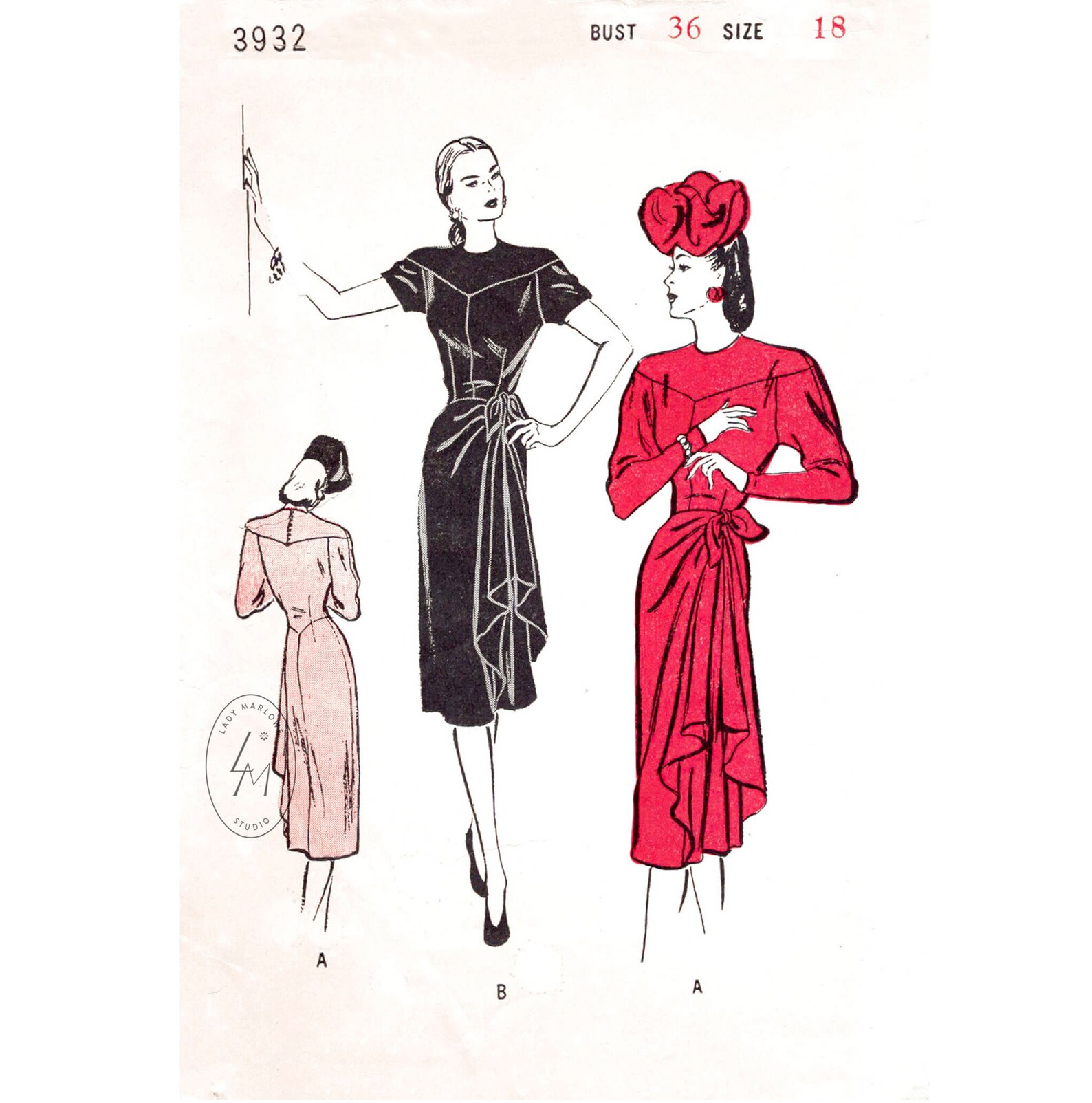 1940 Vintage Sewing Pattern 1940s 40s Dress Pattern // Noir - Etsy