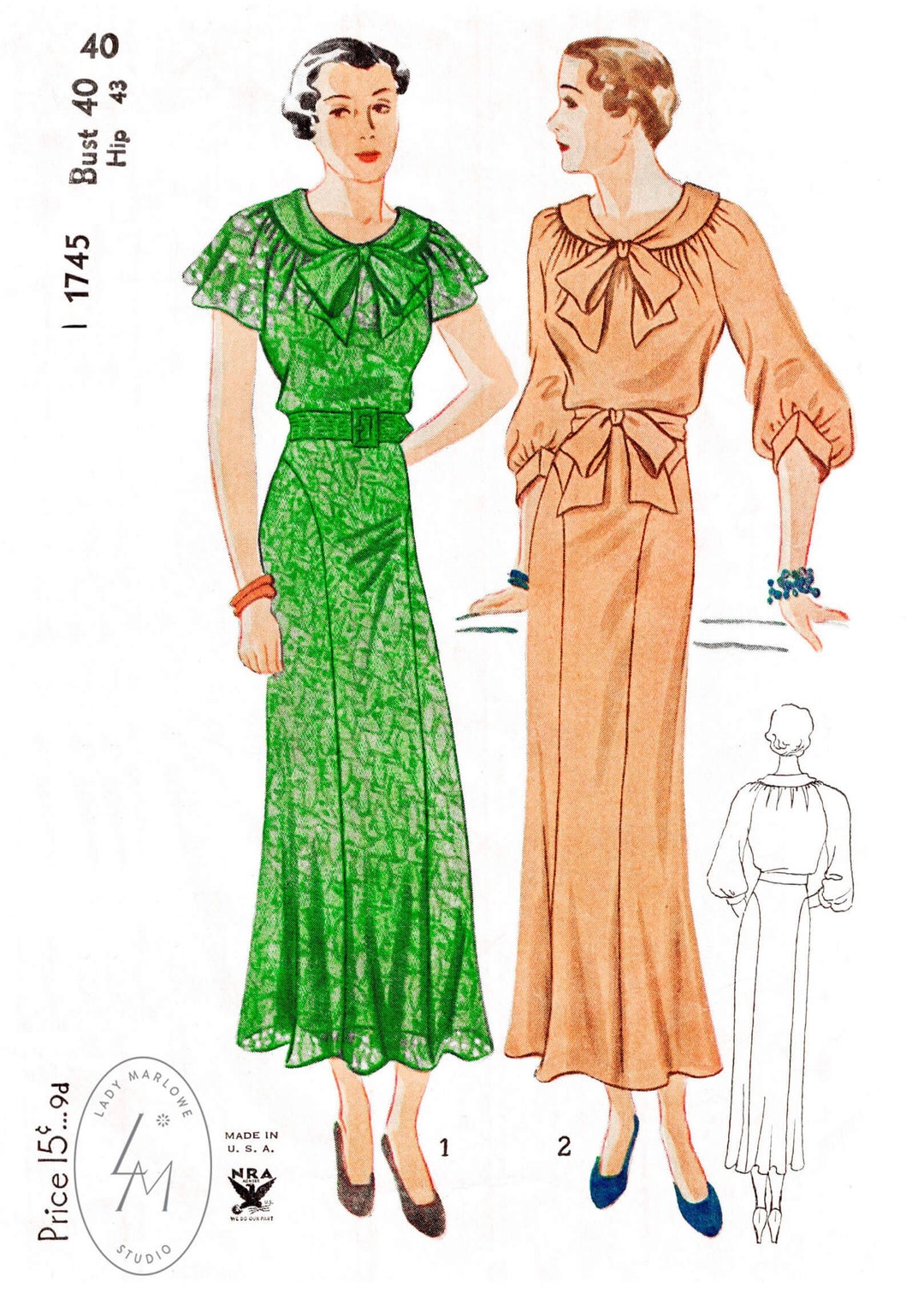 Vintage Sewing Pattern 1930s 30s Day Dress Flutter Sleeves Bishop