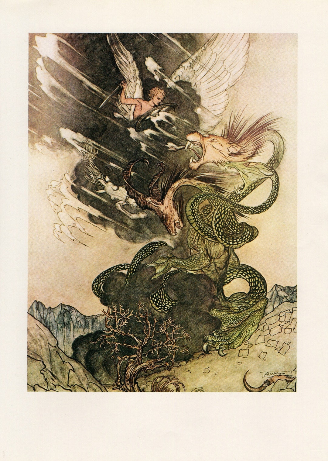 Arthur Rackham Art Nouveau Print: Pegasus and Dragon, 1975 Book Plate ...