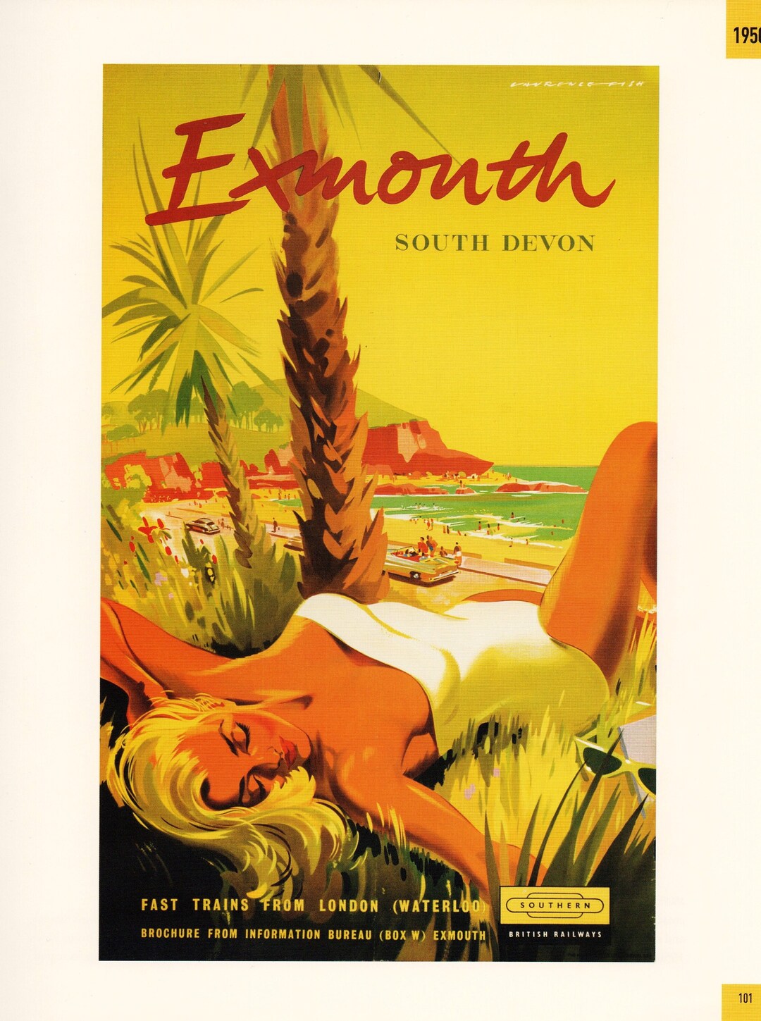 Vintage Travel Poster Original Bookplate Fast Trains LONDON to EXMOUTH ...