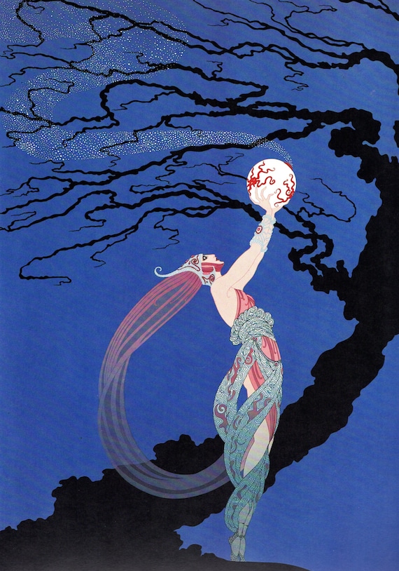 Elegancki oryginalny vintage ERTE Art Deco Print FIREFLIES Modna tabliczka z nadrukiem