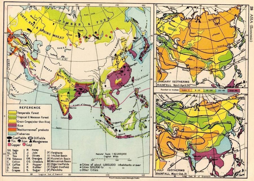 Original Antique Map Asia (economic) 1936 - Etsy