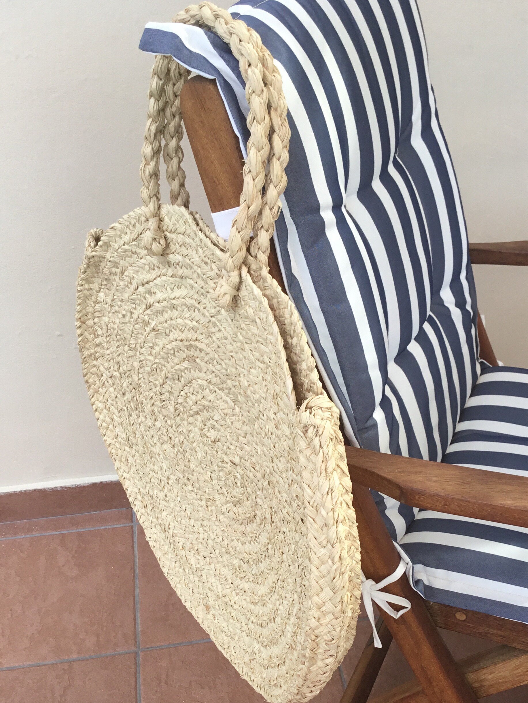 Large round straw bag straw handles French market bag raffia | Etsy