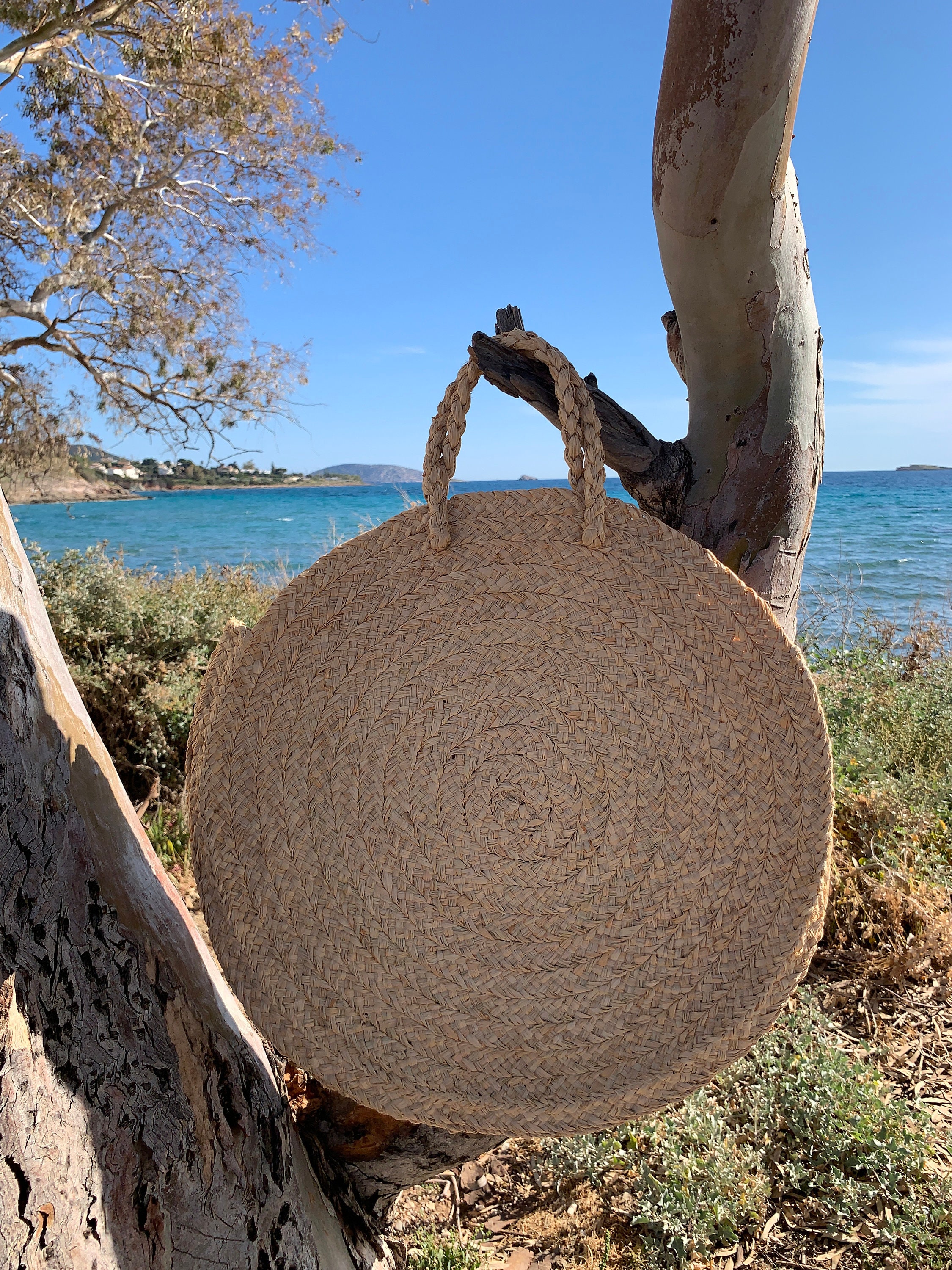 Large round straw bag straw handles French market bag raffia | Etsy