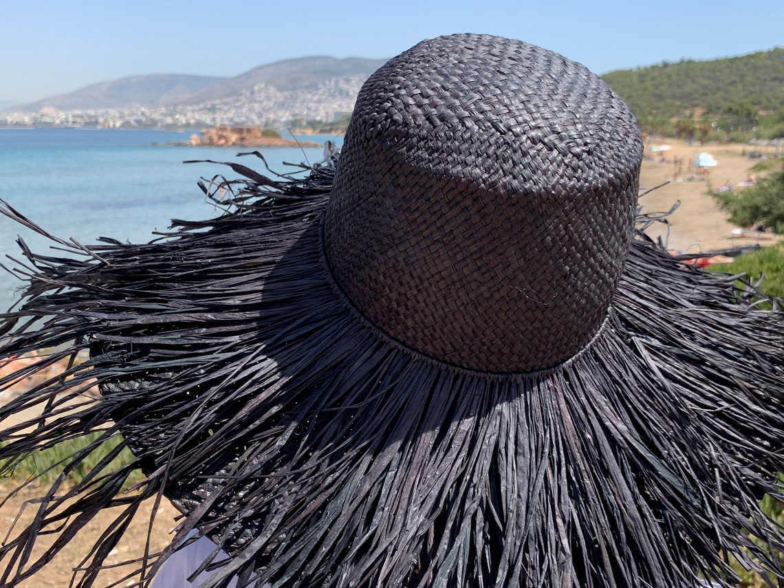 Black Long Fringe Raffia Sun Hat Fringed Raffia Hat Black - Etsy