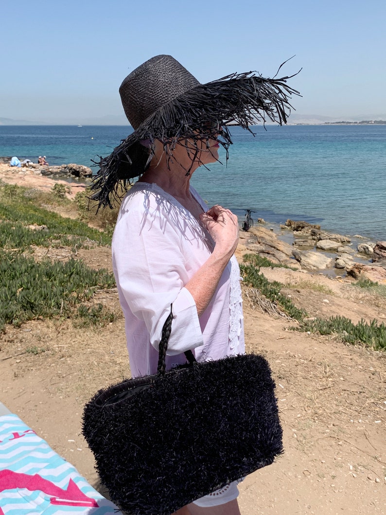 Black Long Fringe Raffia Sun Hat Fringed Raffia Hat Black - Etsy