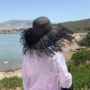 Black Long Fringe Raffia Sun Hat, Fringed Raffia Hat, Black Straw Hat ...