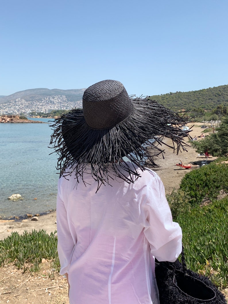 Black Long Fringe Raffia Sun Hat Fringed Raffia Hat Black - Etsy