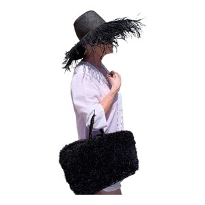 Black Long Fringe Raffia Sun Hat, Fringed Raffia Hat, Black Straw Hat ...