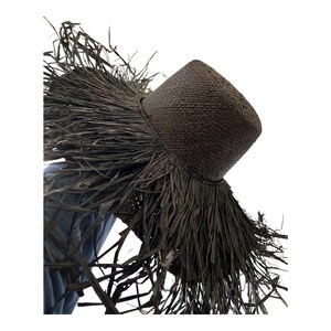 Black Long Fringe Raffia Sun Hat, Fringed Raffia Hat, Black Straw Hat ...