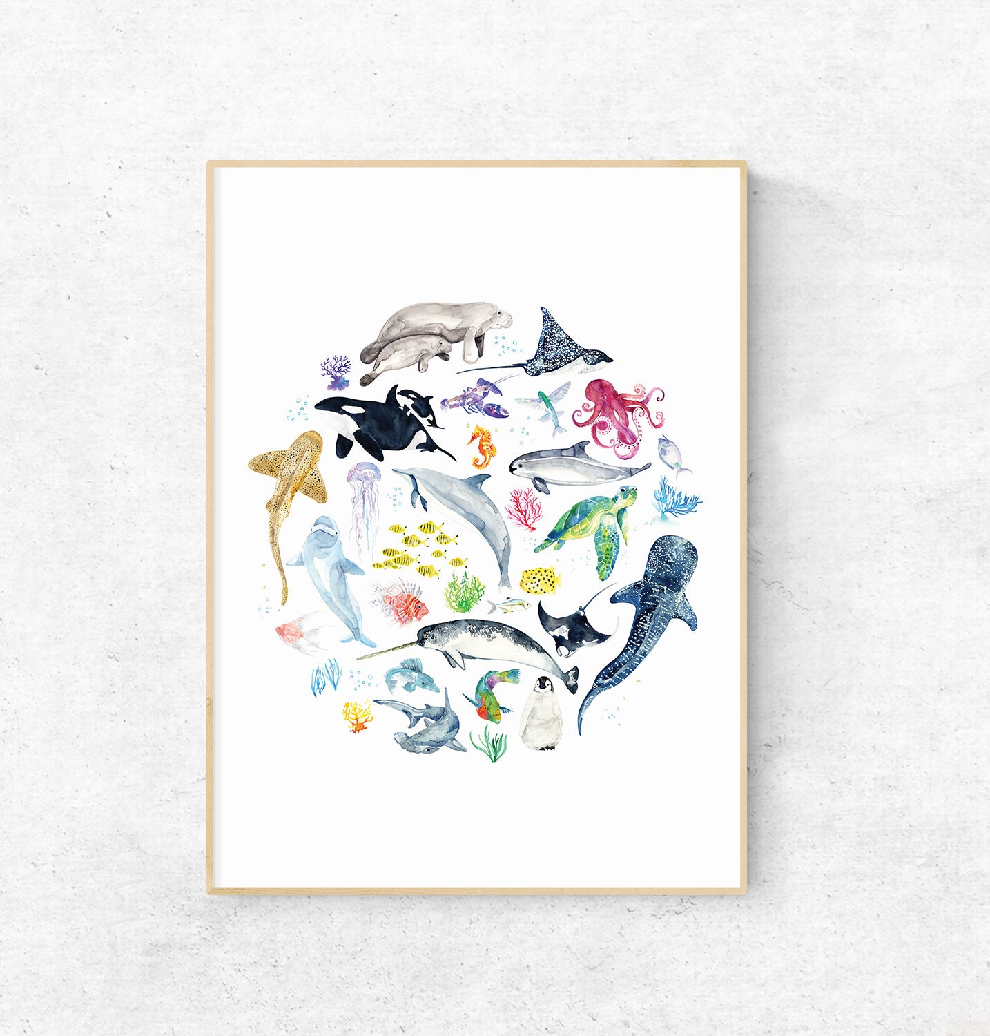 World Ocean Sea Life Marine Life Circle Watercolour Premium | Etsy