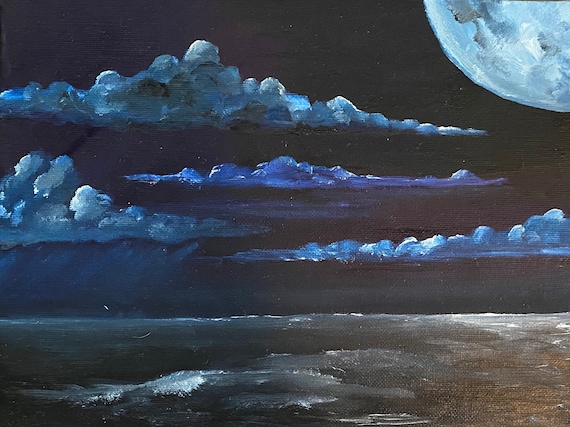 Oil Painting Night Sky / Moon Over Ocean | Etsy
