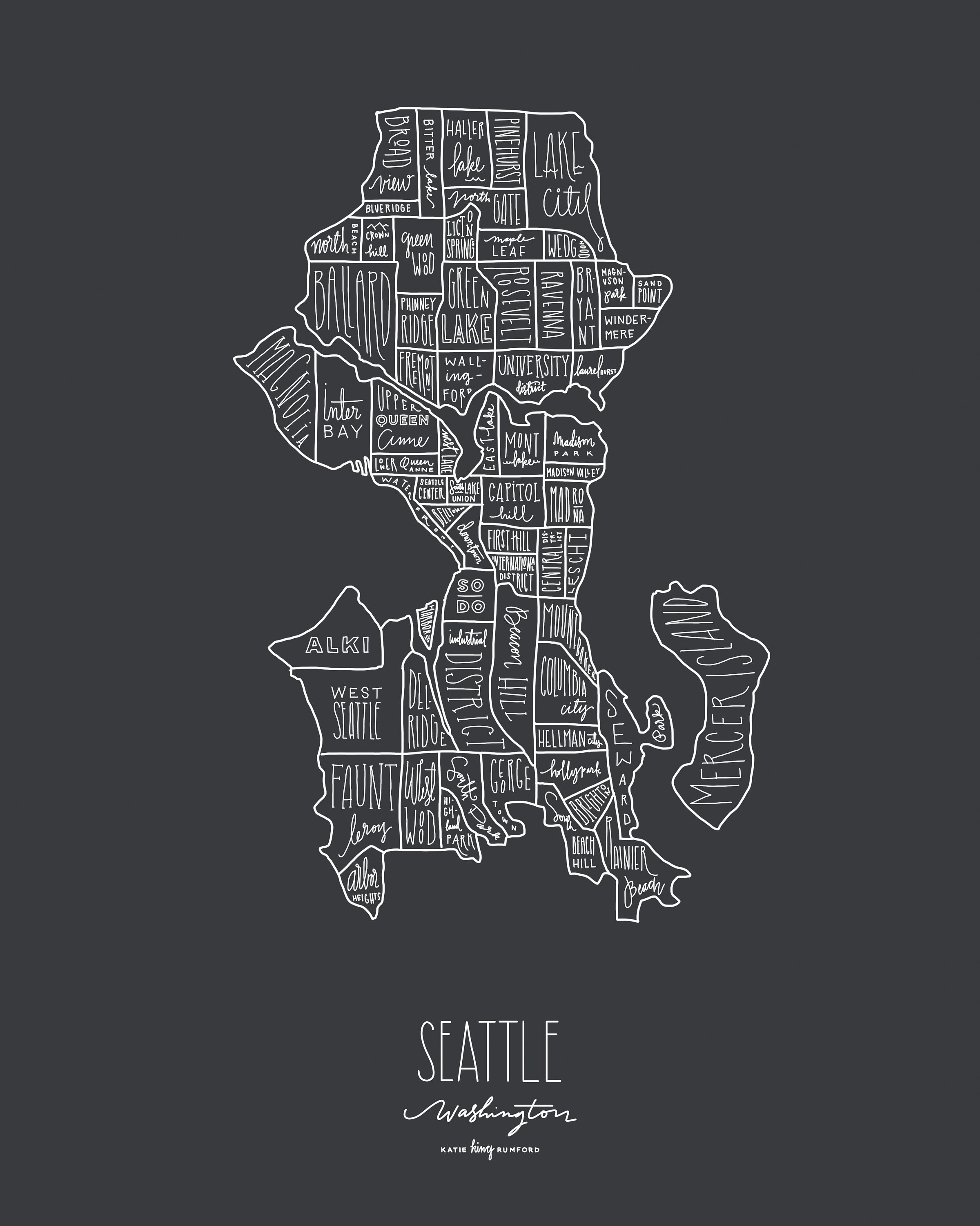 Hand Lettered Seattle Neighborhood Map Fine Art Print - Etsy