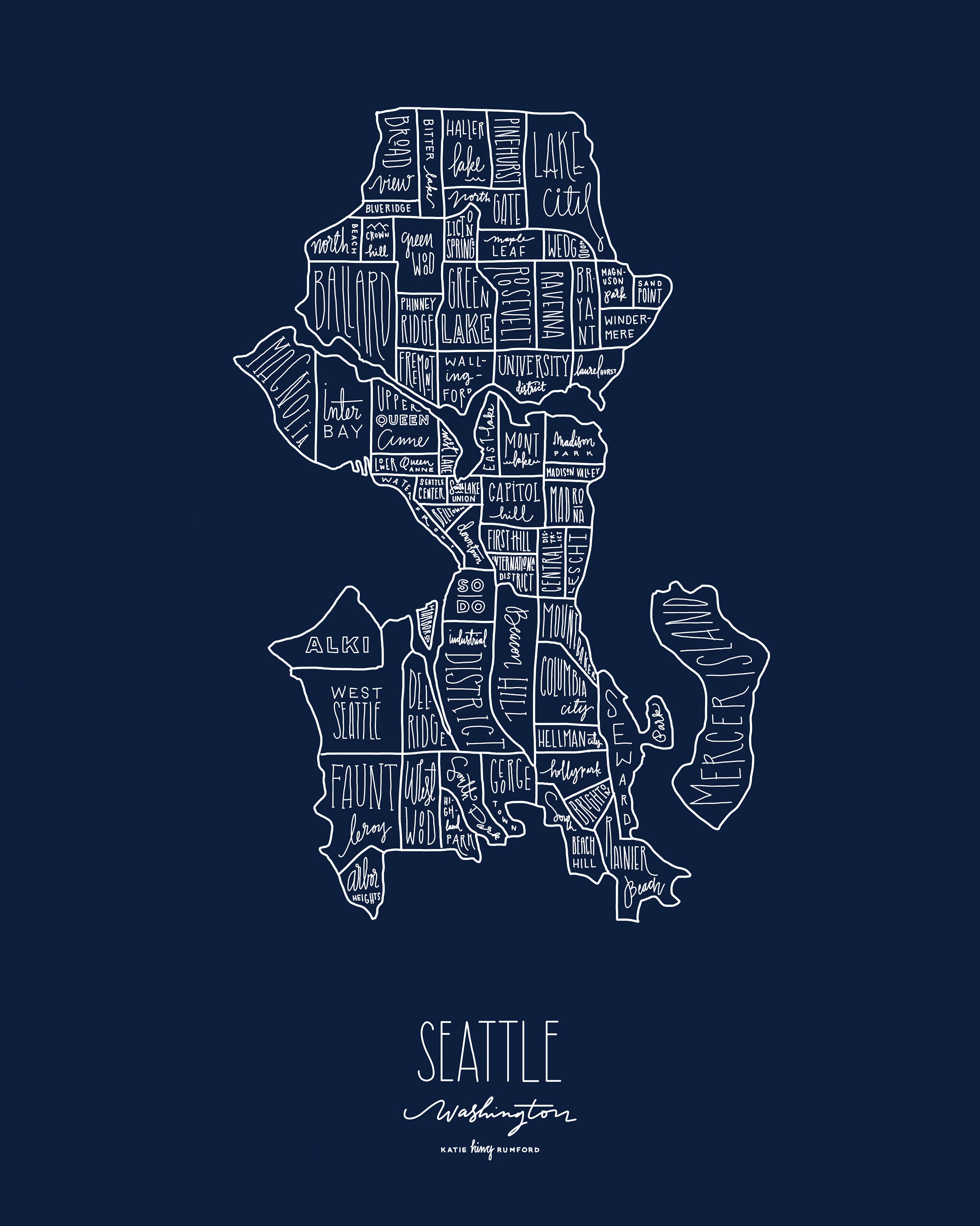 Hand Lettered Seattle Neighborhood Map Fine Art Print - Etsy