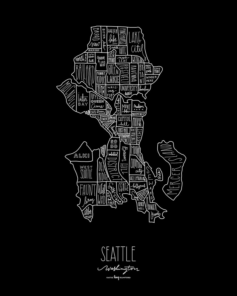 Hand Lettered Seattle Neighborhood Map Fine Art Print - Etsy