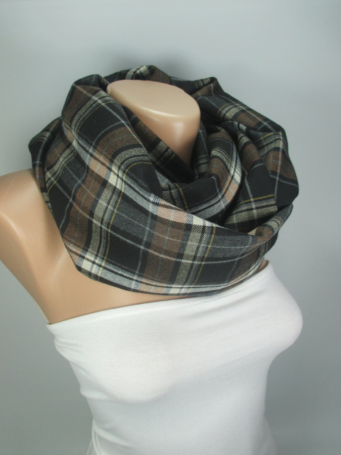 Plaid Brown Infinity Scarf Loop Circle Scarf Unisex Scarf Women Scarf ...