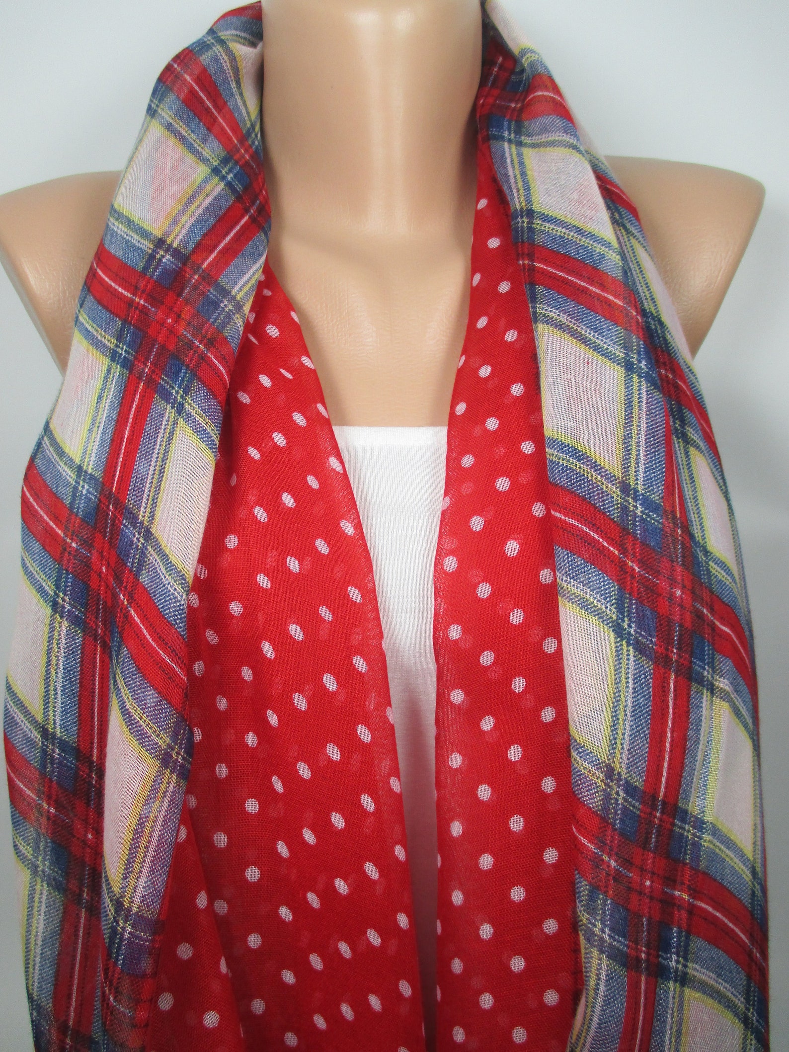Polka Dots Blue Red Scarf Plaid Infinity Scarf Unique Gift for - Etsy