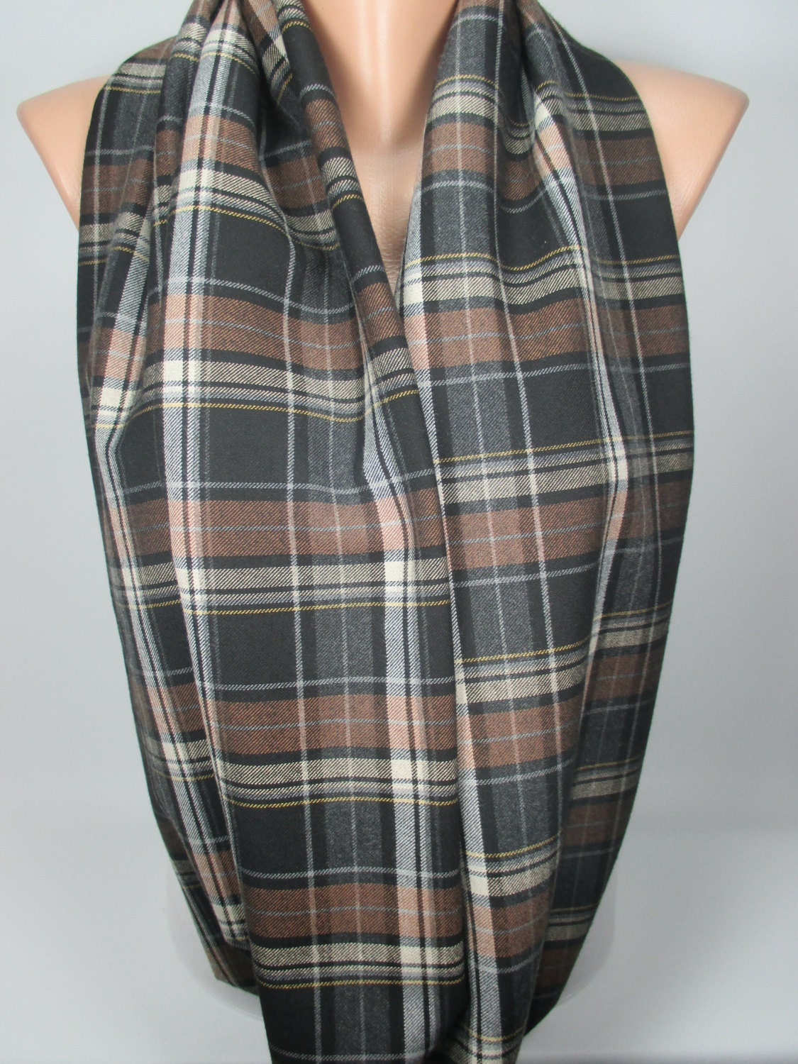 Plaid Brown Infinity Scarf Loop Circle Scarf Unisex Scarf Women Scarf ...
