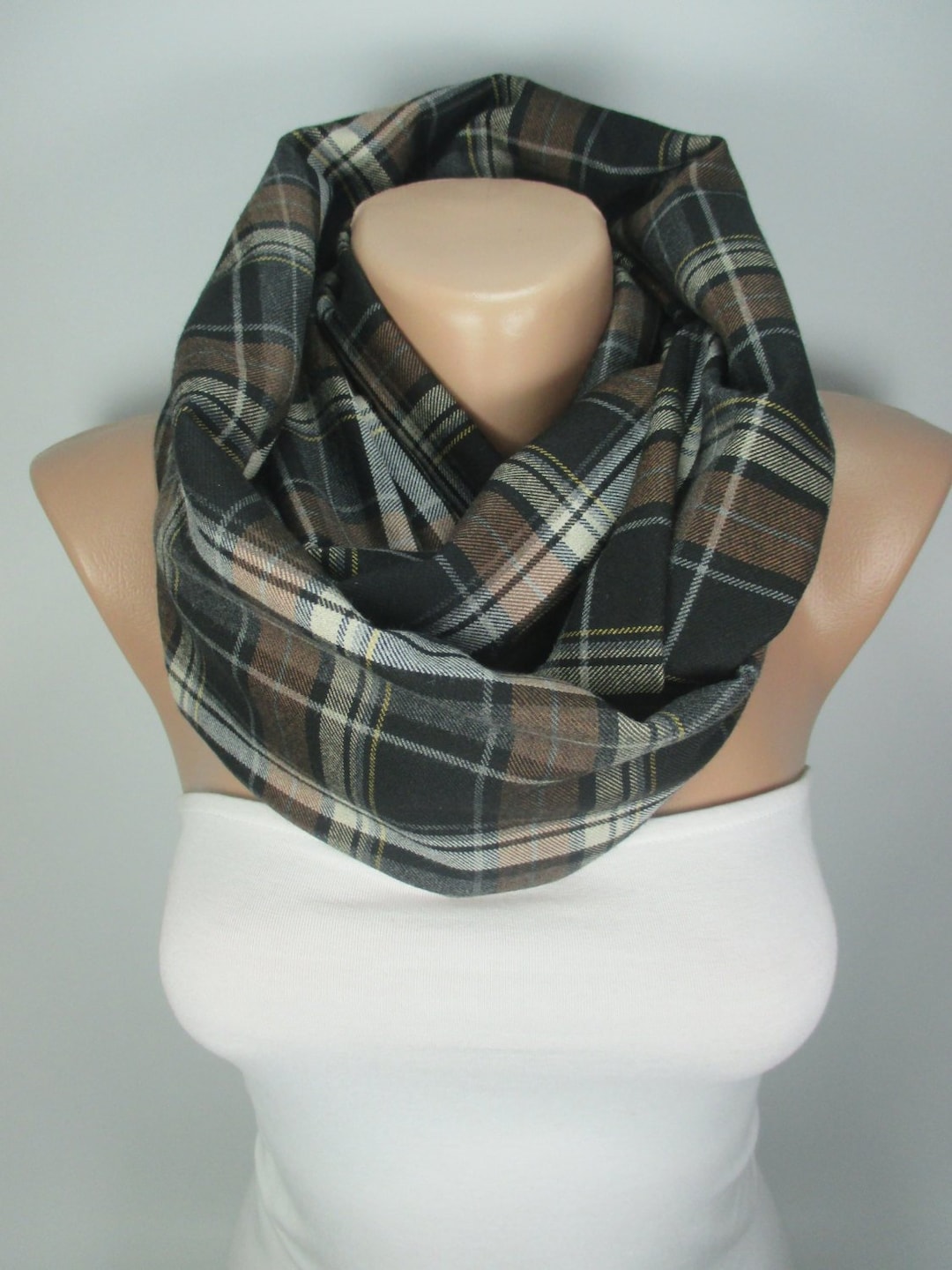 Plaid Brown Infinity Scarf Loop Circle Scarf Unisex Scarf Women Scarf ...