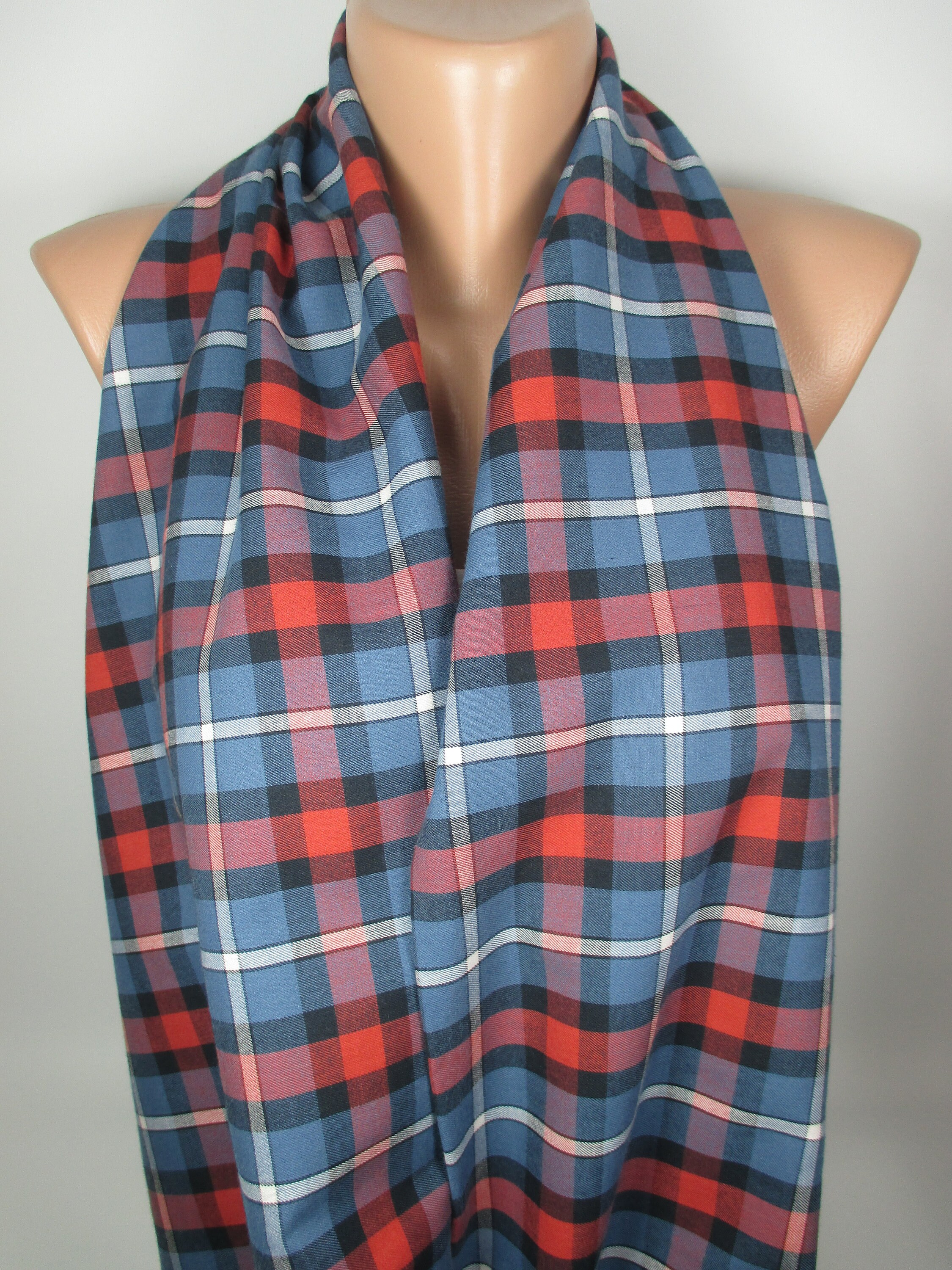 Autumn Winter Scarf Plaid Scarf Red Blue Scarf Infinity Loop Flannel ...