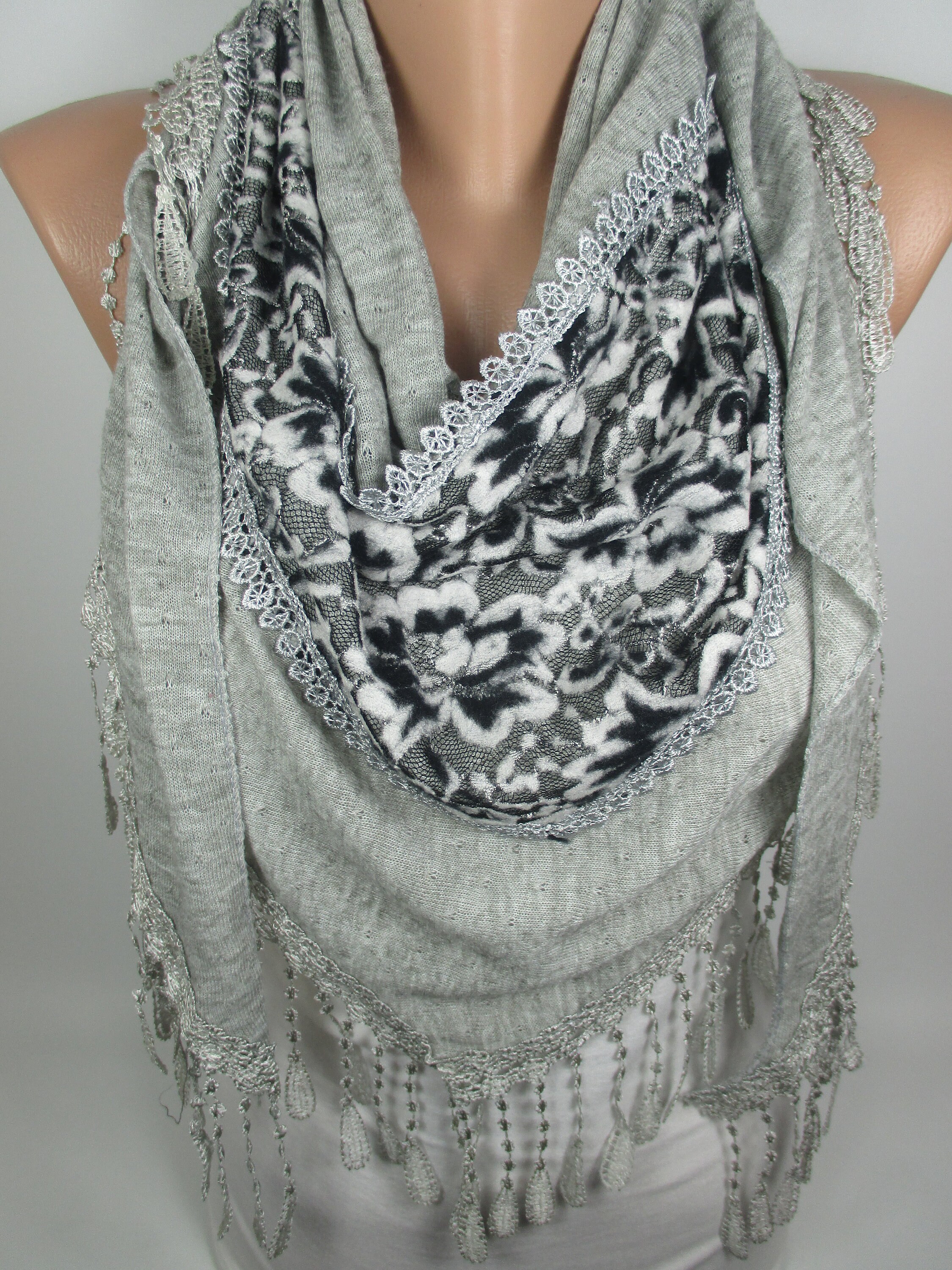 Gray Lace Velvet Scarf Unique Gift for Women Wedding Scarf Bridal ...