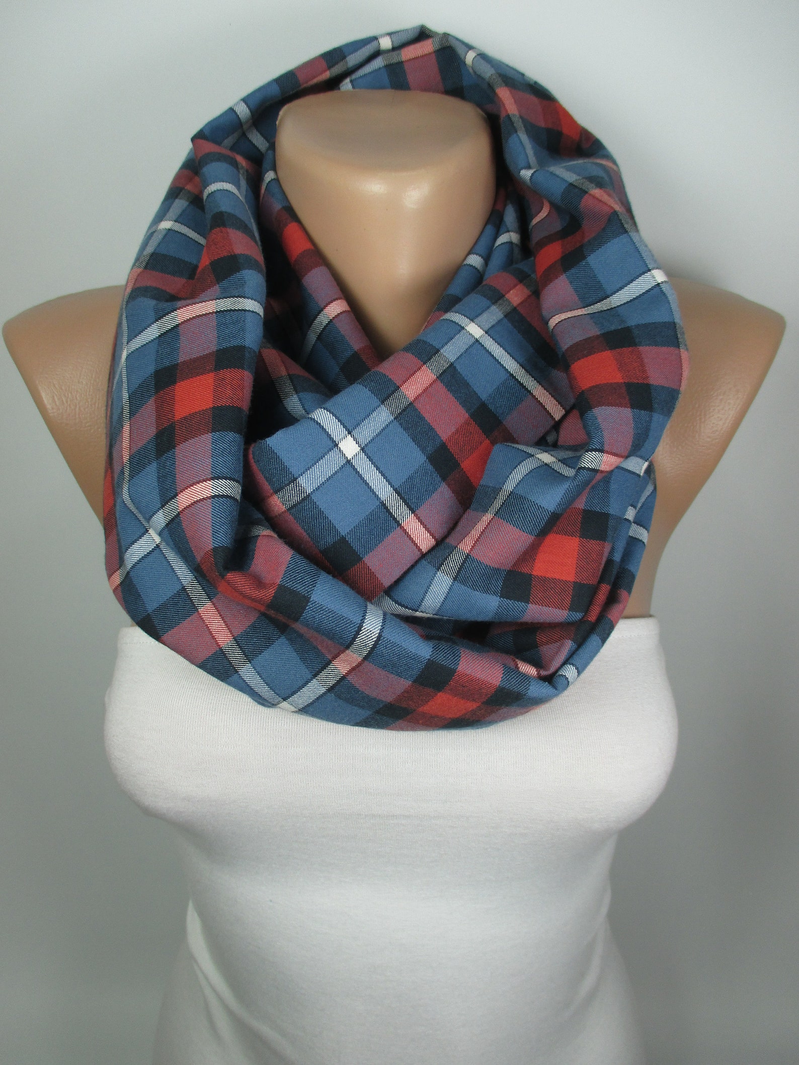 Autumn Winter Scarf Plaid Scarf Red Blue Scarf Infinity Loop Flannel ...