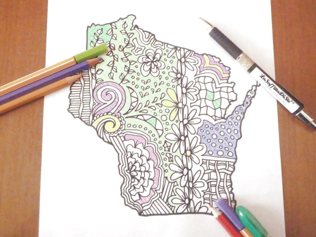 State of Wisconsin Instant DOWNLOAD Doodle Colouring Map Kids Adult ...
