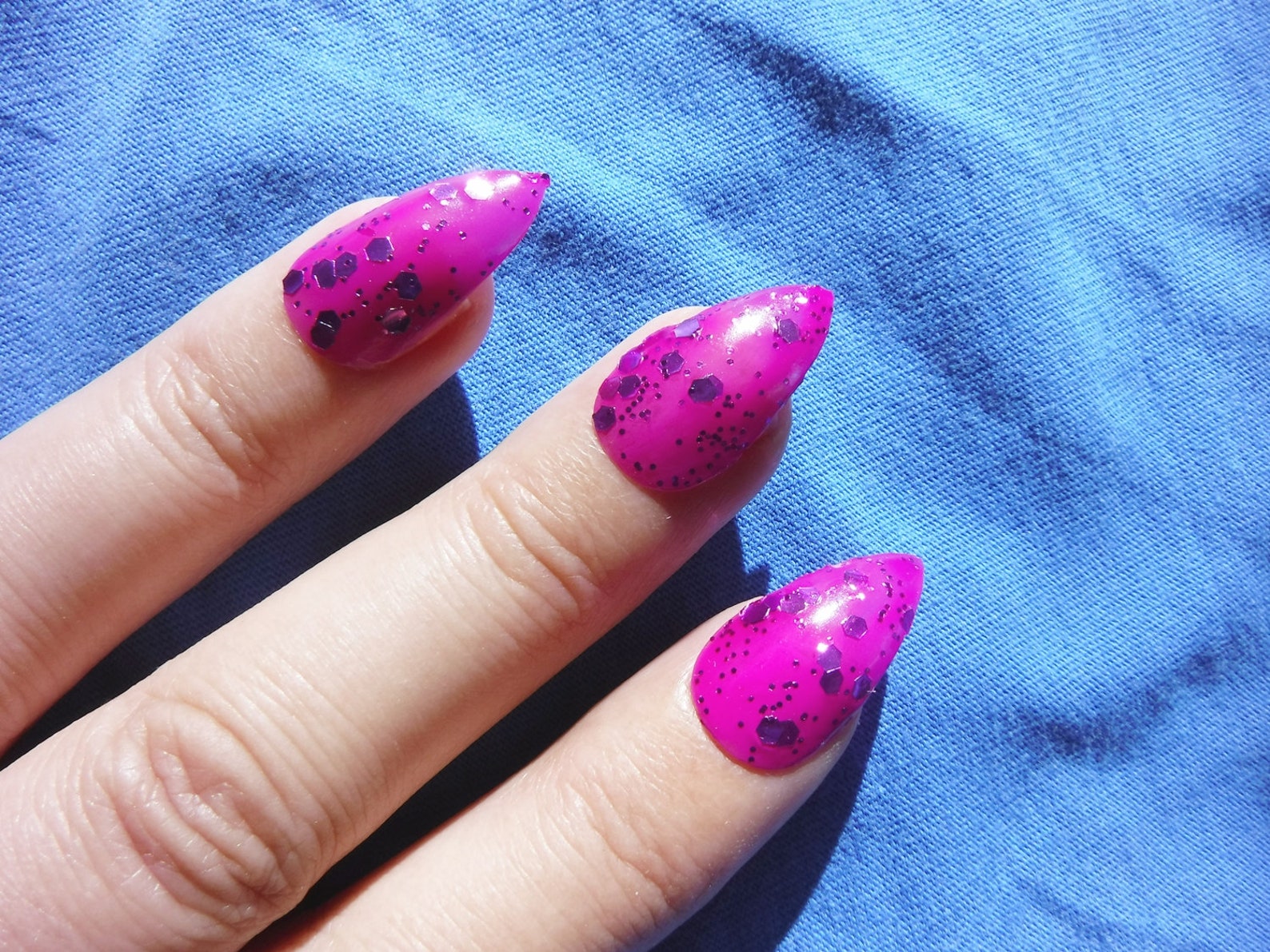 Purple Stiletto Fake Nails Violet Glitter Sequin Almond | Etsy
