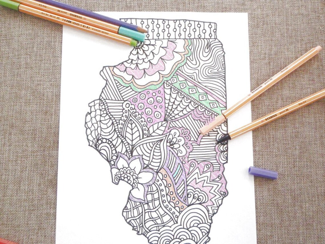 Illinois colouring map kids adult coloring tourist map | Etsy