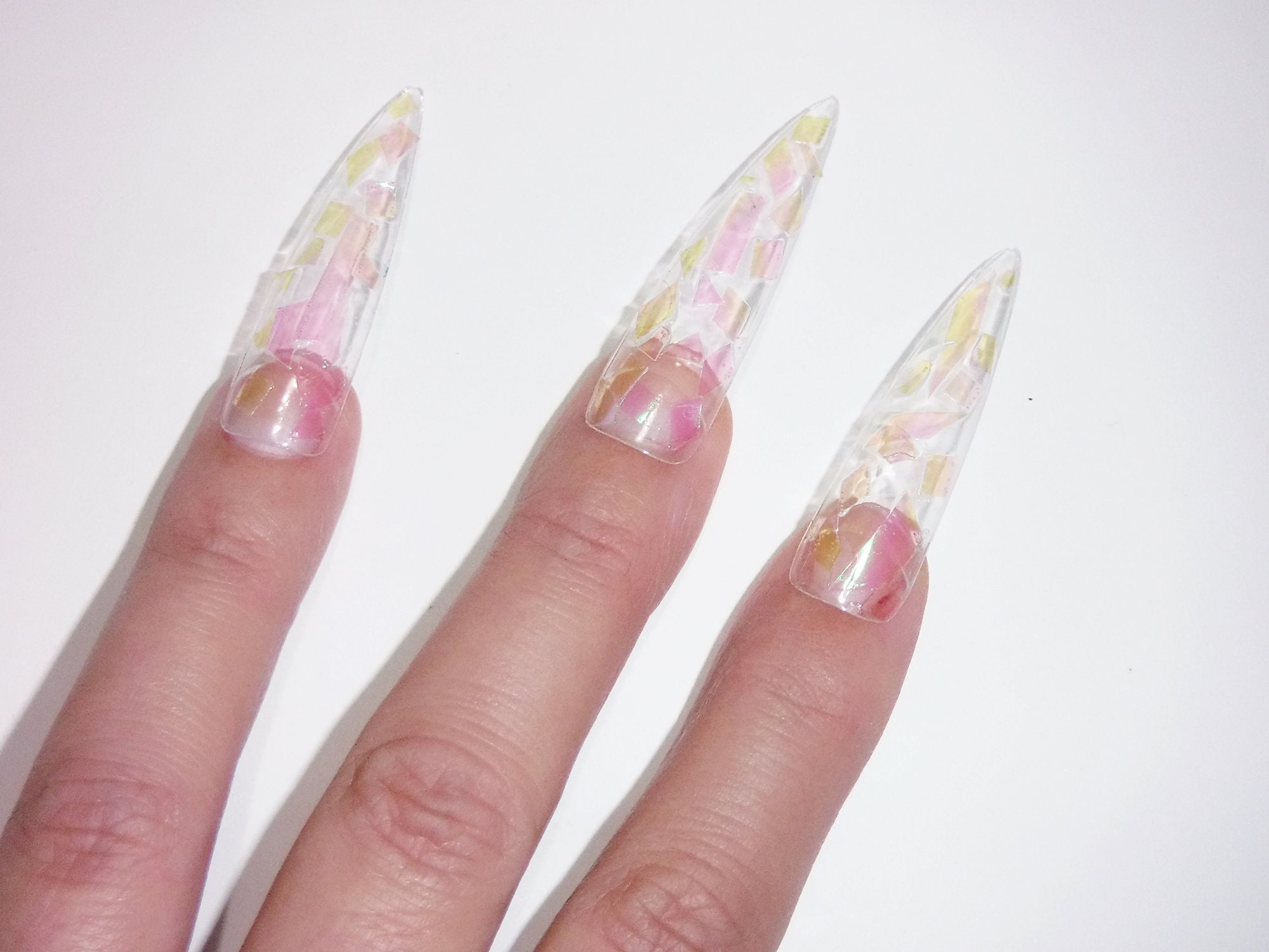 Shattered glass fake nails opal stiletto false nails | Etsy