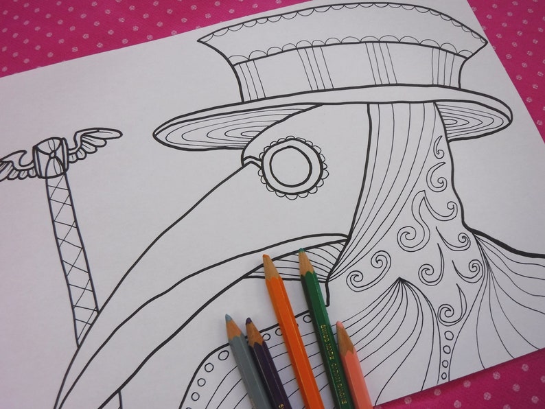 Halloween Plague Doctor Mask Coloring Page Adults Horror Goth Download ...