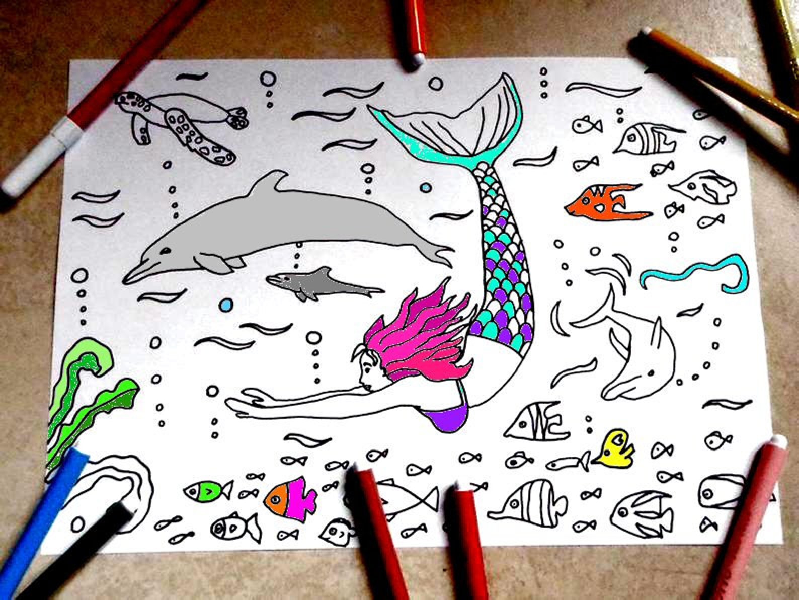 Mermaid Dolphins Kids Coloring Page Sea Fishes Download | Etsy