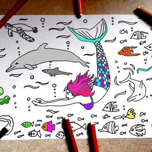 Mermaid Dolphins Kids Coloring Page Sea Fishes Download Colouring ...