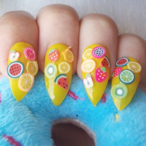 Yellow 3d Fimo Fruit Press on Full Fake Nails Stiletto False Nail Art ...