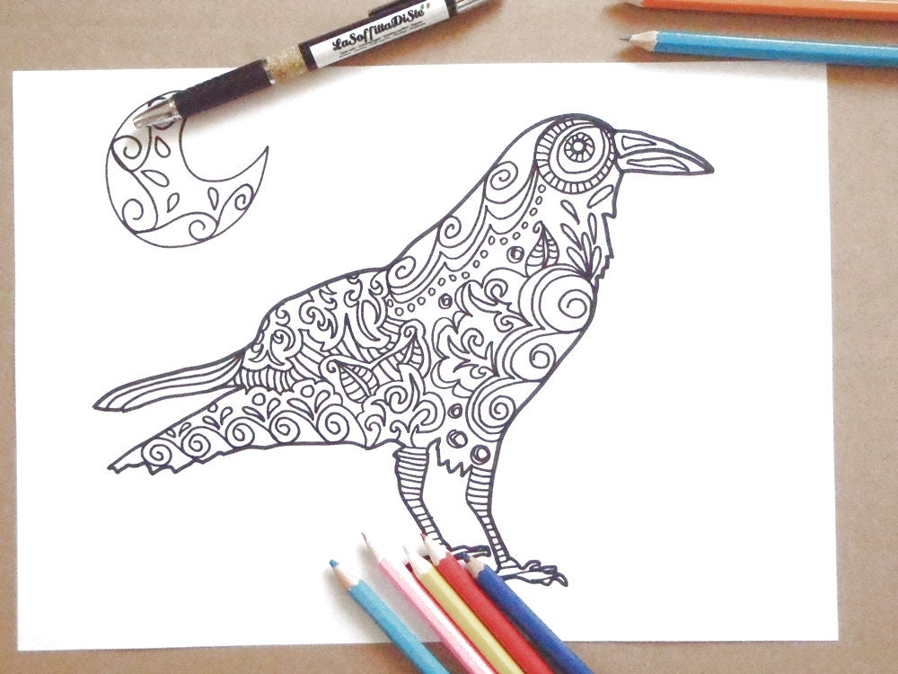 Halloween Raven Coloring Page the Crow Adults Horror Goth | Etsy