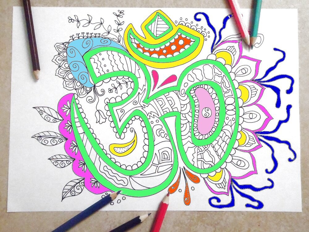 Om coloring book page art therapy adults zen mantra | Etsy