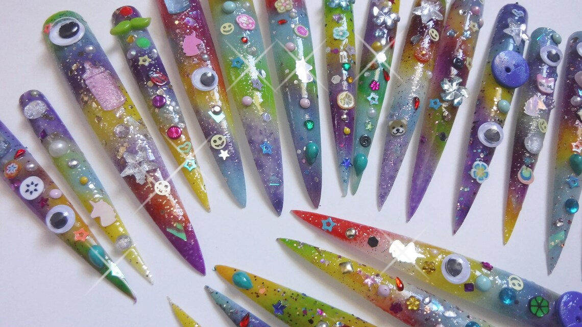 Rainbow drag queen fake nails stick on extreme reusable claws | Etsy