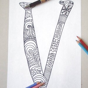 Letter V Coloring Alphabet Zentangle Initial V Adult Coloring Lettering ...