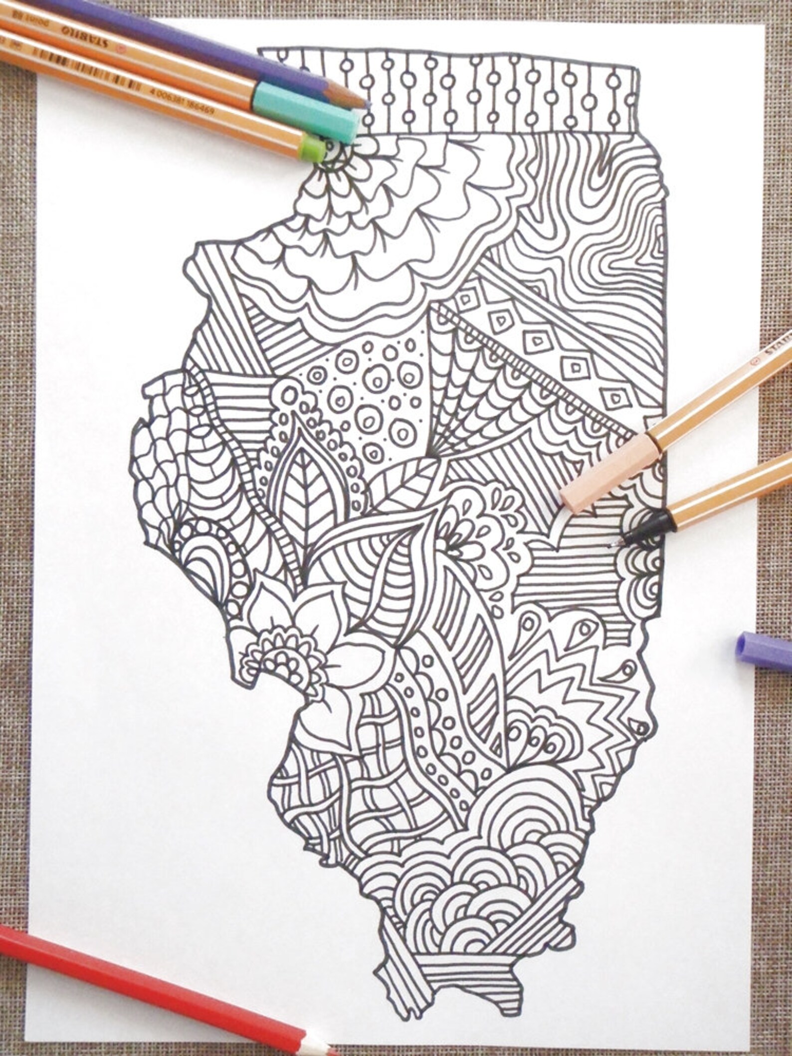 Illinois colouring map kids adult coloring tourist map | Etsy