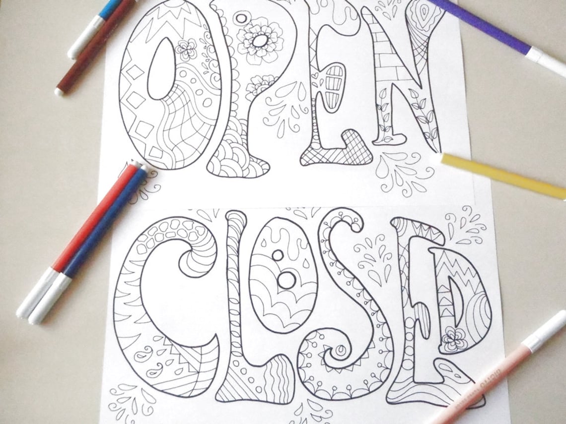 Open Closed Signs Shop Store Office Adult Coloring Colouring | Etsy