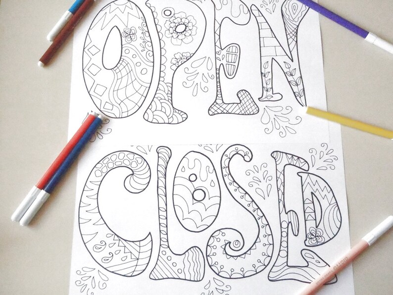 Open Closed Signs Shop Store Office Adult Coloring Colouring | Etsy