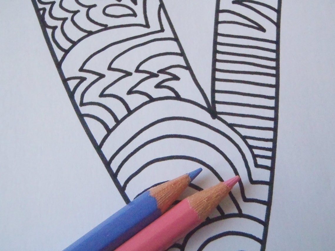 Letter v coloring alphabet zentangle initial v adult coloring | Etsy